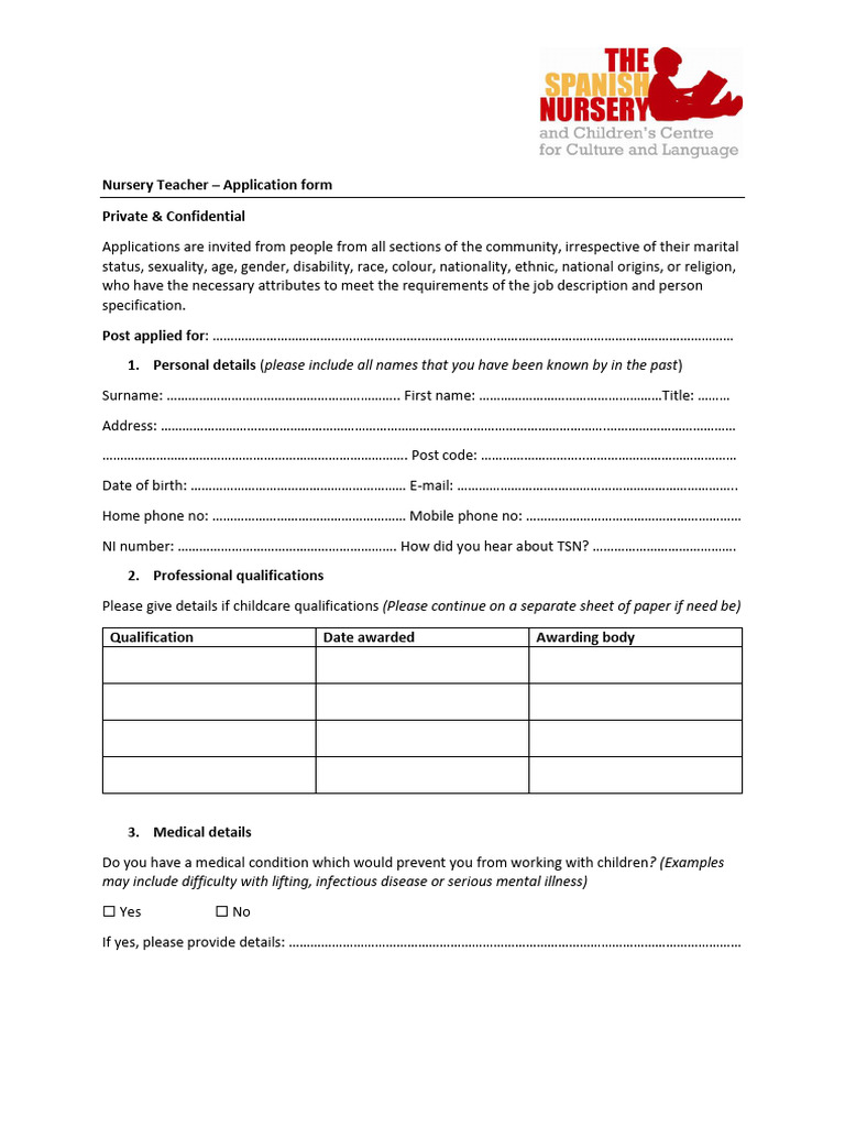 !TSN - Part Time Nursery Teacher TSN004 - Application Form | PDF ...