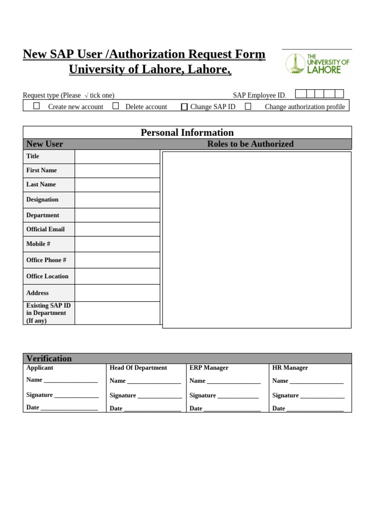 SAP Login Creation Form | PDF