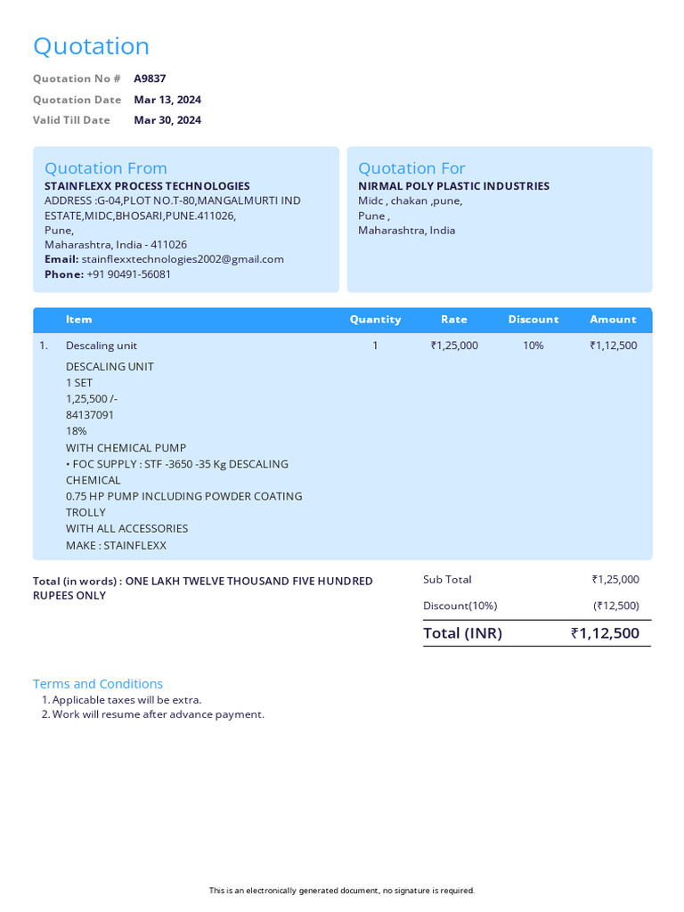 Quotation a9837 Stainflexx Process Technologies Nirmal Poly Plastic Industries | PDF