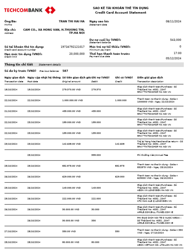 Sao Kê Tài Khoản Thẻ Tín Dụng Credit Card Account Statement | PDF