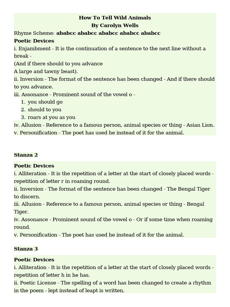 Poetic Devices in "How To Tell Wild Animals" | PDF | Poetry | Poetic ...