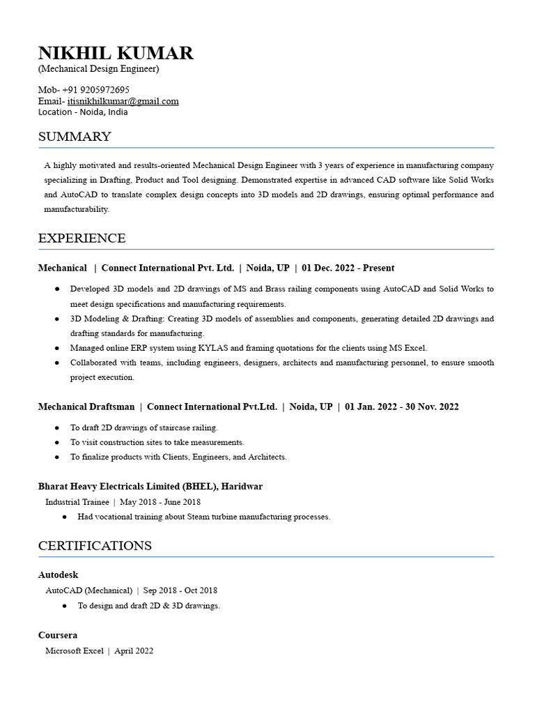 CV Nikhil Kumar (Mechanical Design Engineer) | PDF | Technical Drawing | Auto Cad