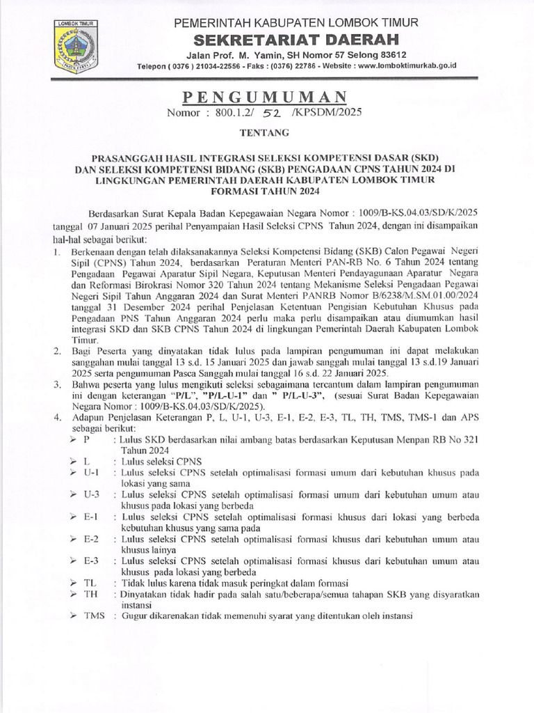 Pengumuman Prasanggah Hasil Integrasi Skd & Skb Cpns Tahun 2024 - Kab. Lombok Timur | PDF