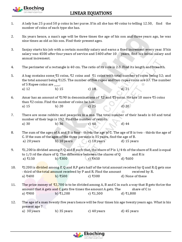 BASIC - Linear Equations - Q | PDF | Rupee | Mathematics