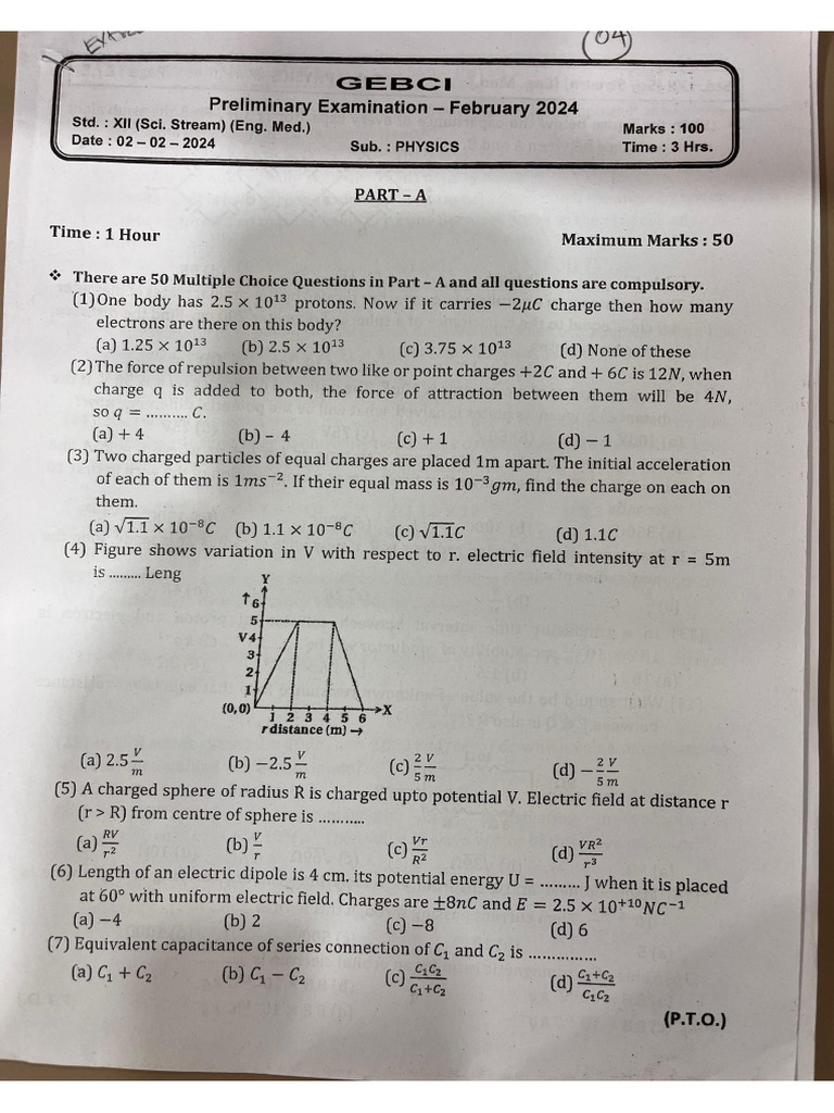 12th SCIENCE Prelims 2024 Question Papers | PDF