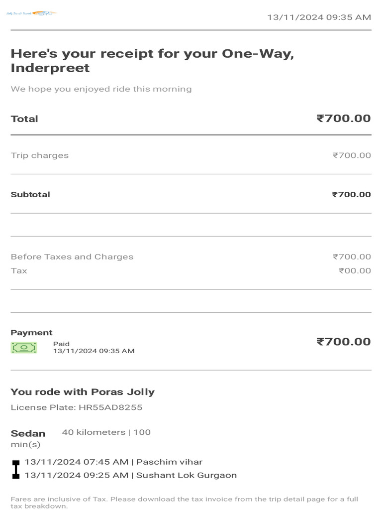 Here's Your Receipt For Your One-Way, Inderpreet: Total | PDF