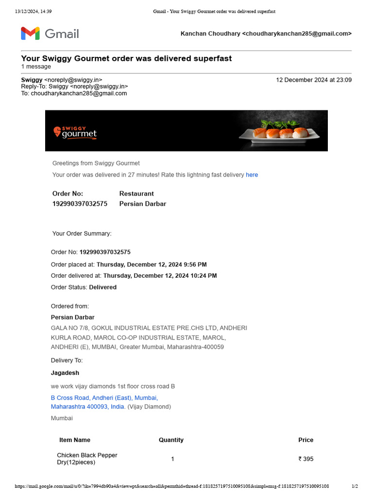 Fast Delivery Confirmation from Swiggy | PDF | Payments