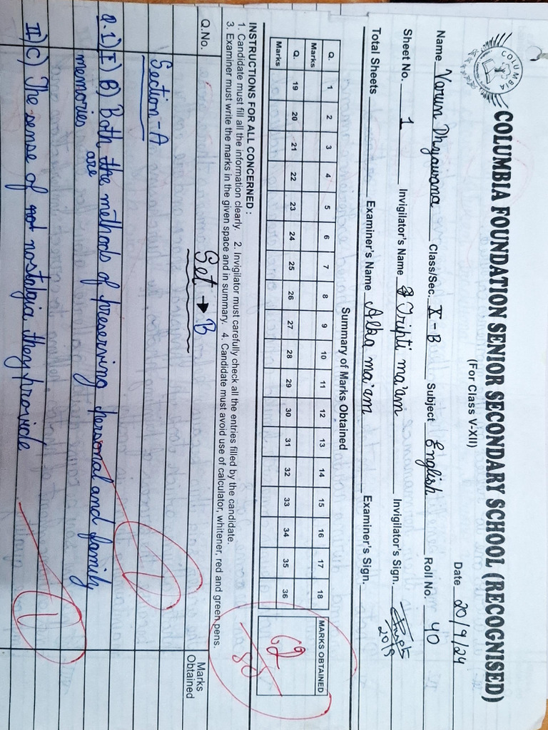 Varun Dhyawana's Preboard-1 English Exam Sheet | PDF