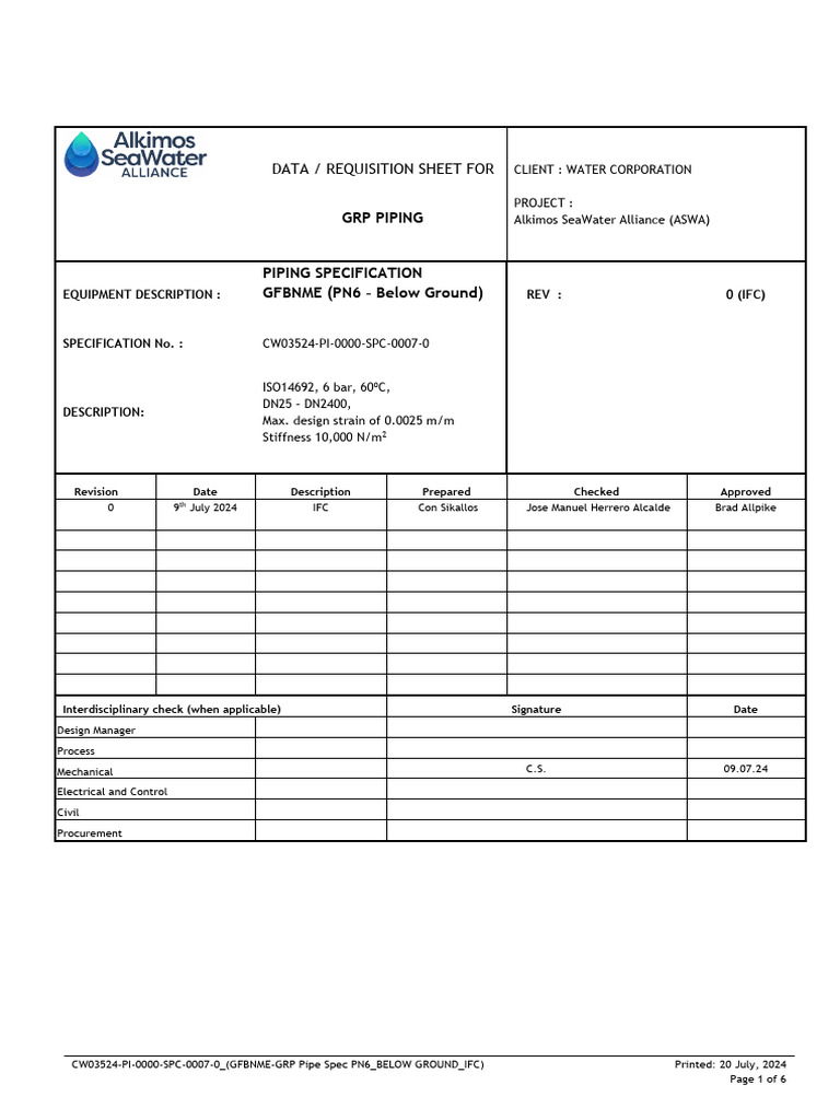 Cw03524 Pi 0000 SPC 0007 0 - (Gfbnme GRP Pipe Spec Pn6 - Below Ground ...