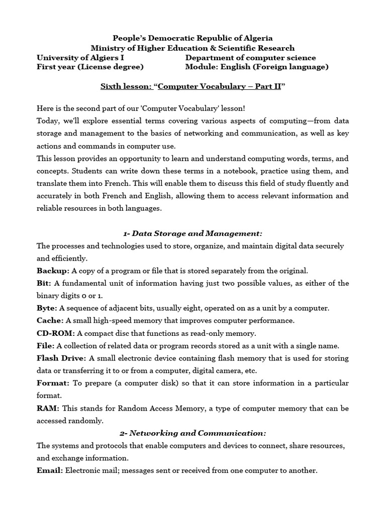 Lesson 6 - L1 Computer Vocabulary - Part II | PDF | Computer Data ...