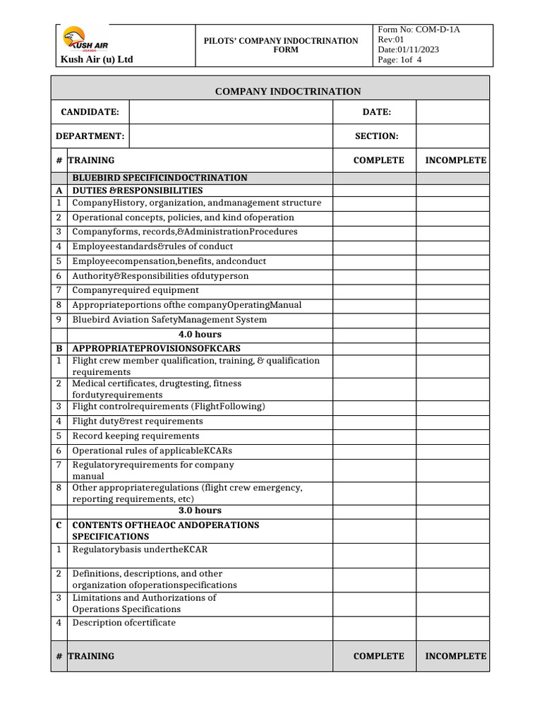 Kush Air Pilots' Indoc Training Form | PDF | Aircraft | Aviation