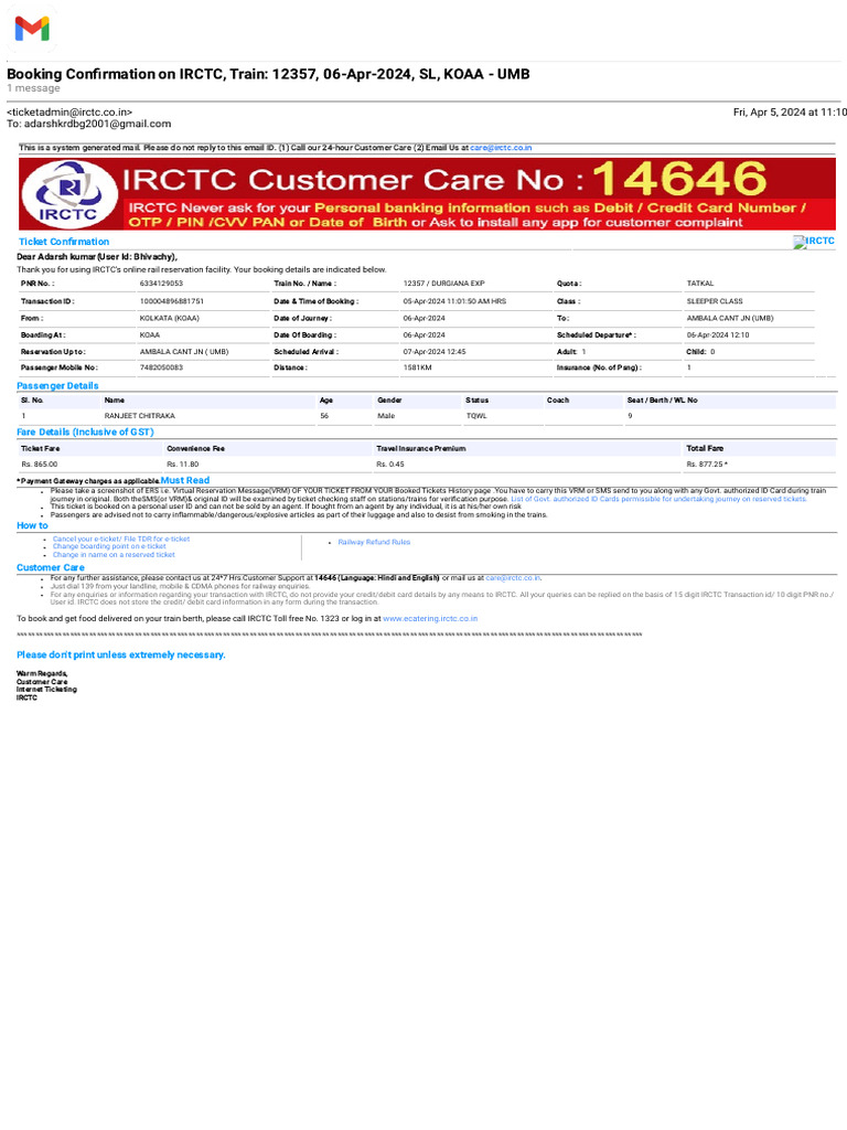Gmail - Booking Confirmation On IRCTC, Train - 12357, 06-Apr-2024, SL, KOAA - UMB | PDF ...
