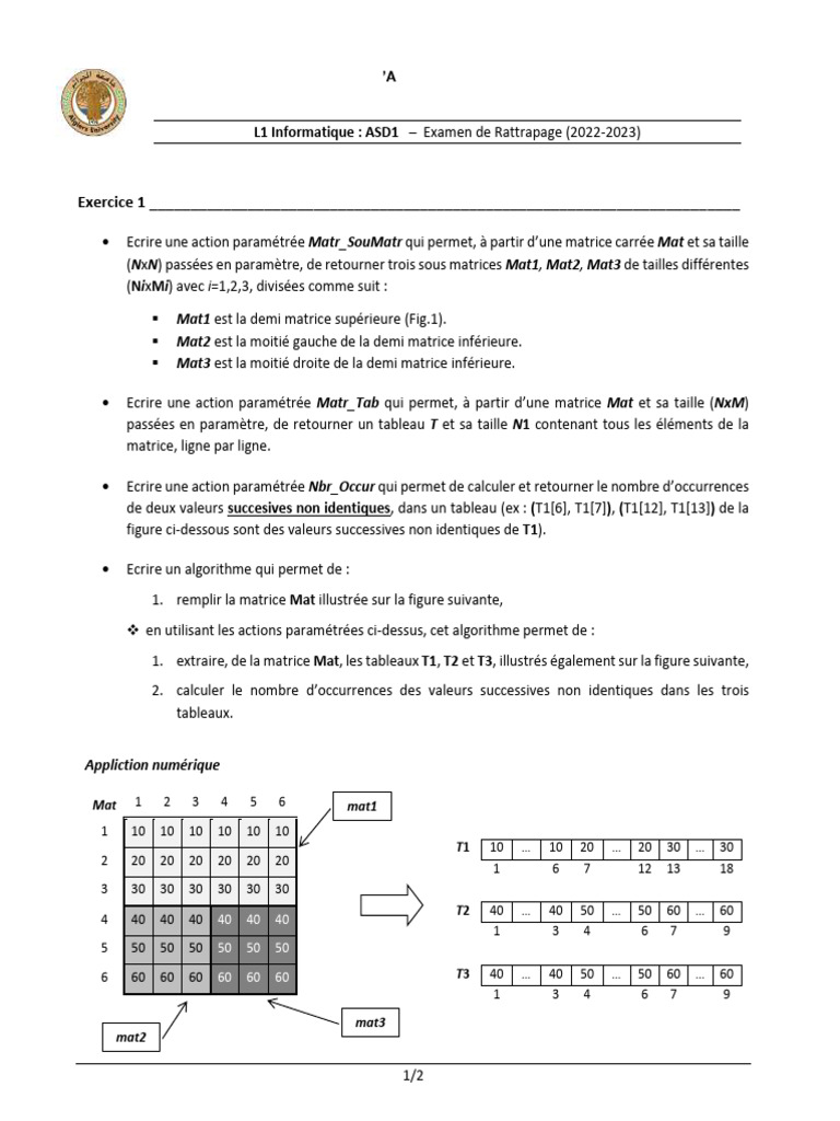 Examen Rattrapage L1 Informatique 2023 | PDF | Matrice (Mathématiques ...