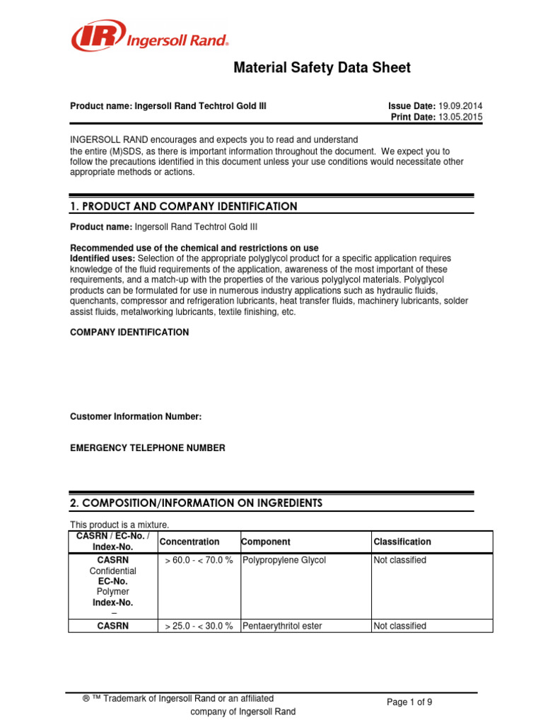 India SDS Ingersoll Rand Techtrol Gold III | PDF | Toxicity | Occupational Safety And Health