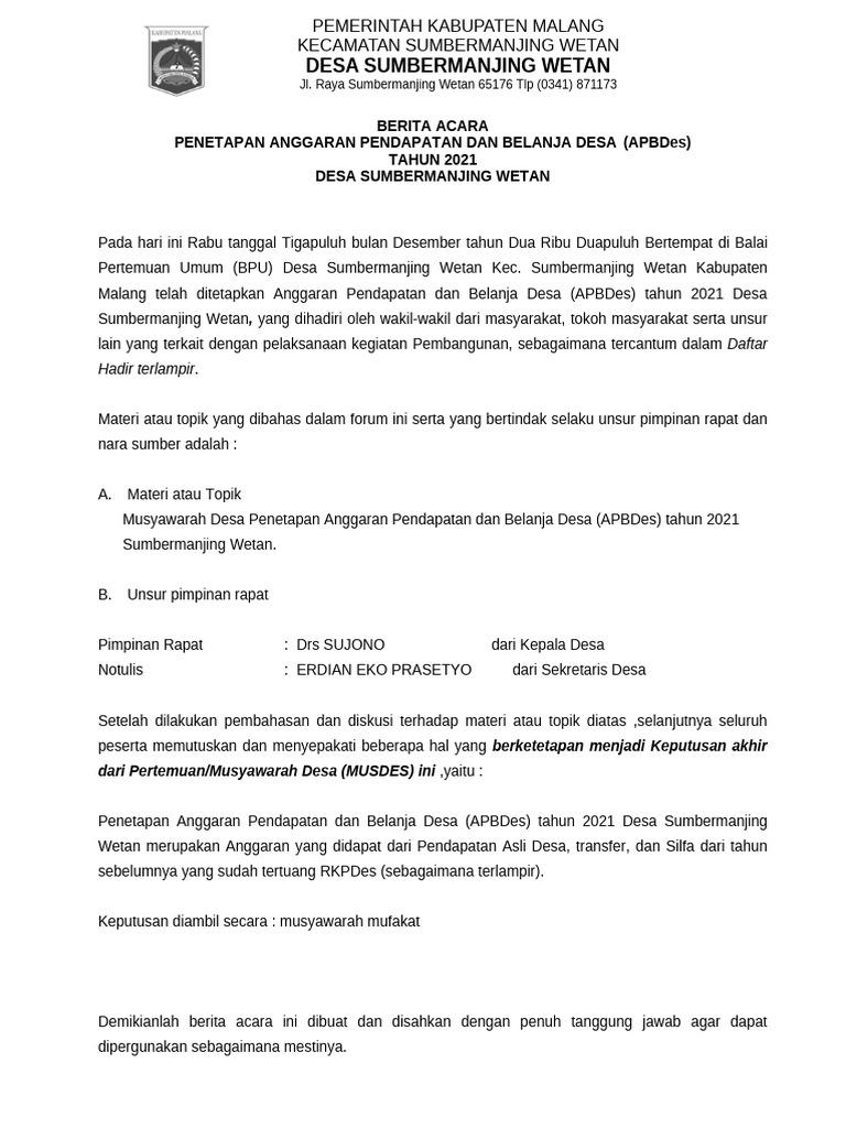 BERITA ACARA PENETAPAN APBDes 2021 | PDF