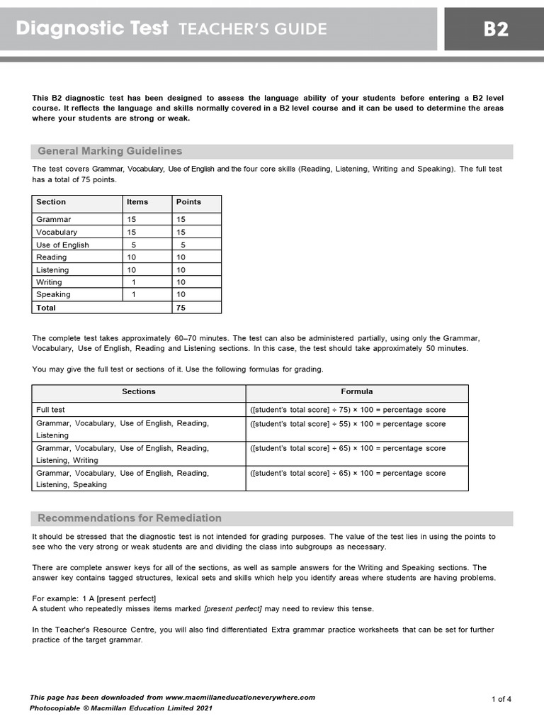 B2_Diagnostic_Test_Teacher's_Guide_answer_key | PDF | Verb | Language ...