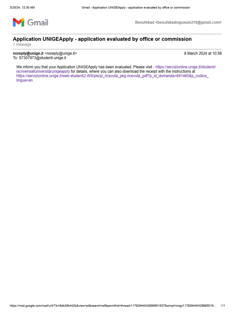 Gmail - Application UNIGEApply - Application Evaluated by Office or Commission RRR | PDF