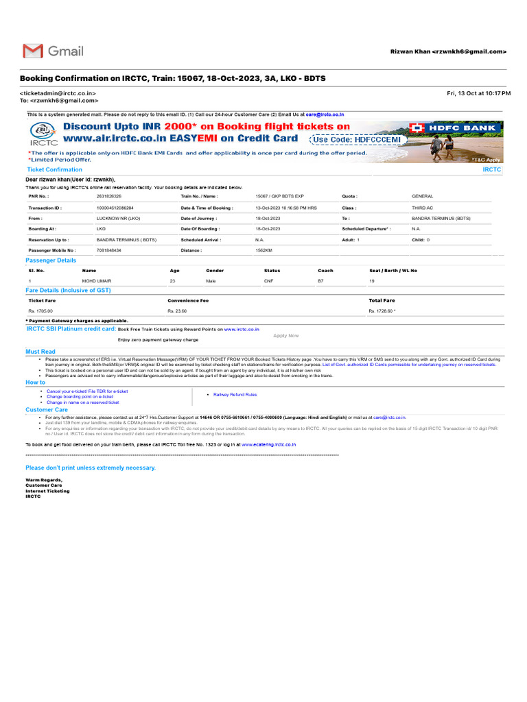 IRCTC Train Booking Confirmation 15067 | PDF | Service Industries ...