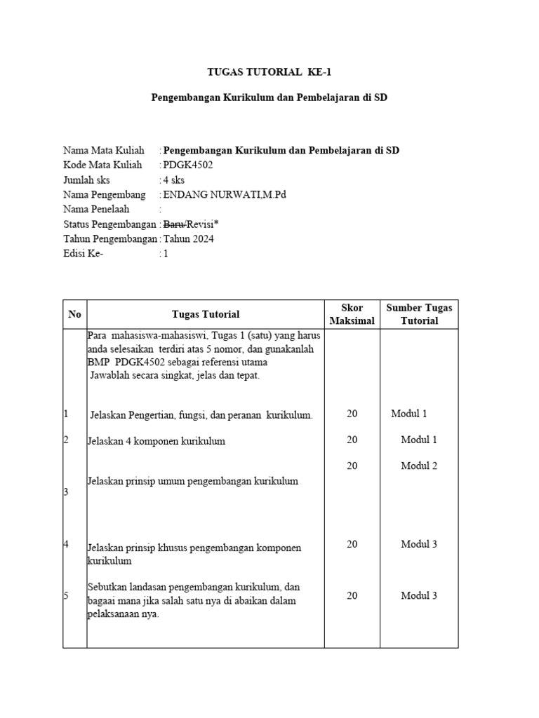 TUGAS TUTORIAL KE 1 Pengemb Kurikulum | PDF