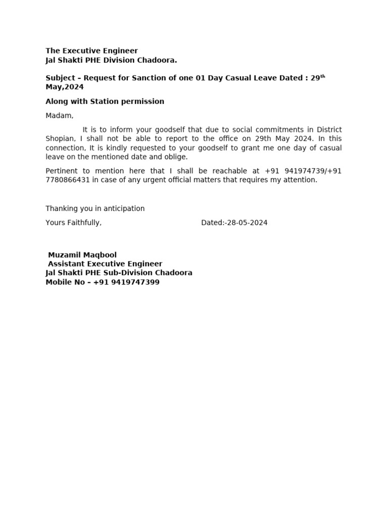 Casual Leave 29 May 2024 Shopian | PDF