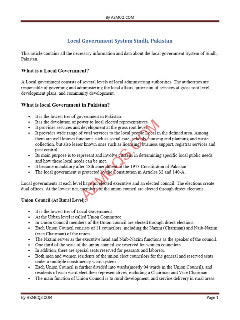 Sindh Local Government System Overview | PDF | Taxes | Government