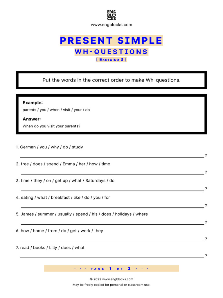 Present Simple WH Question Exercise 3 | PDF