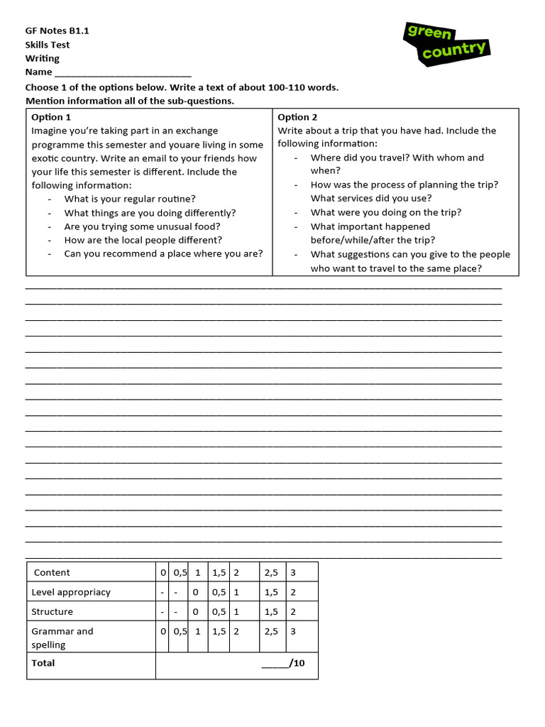Notes B1.1 Skills Test Writing | PDF