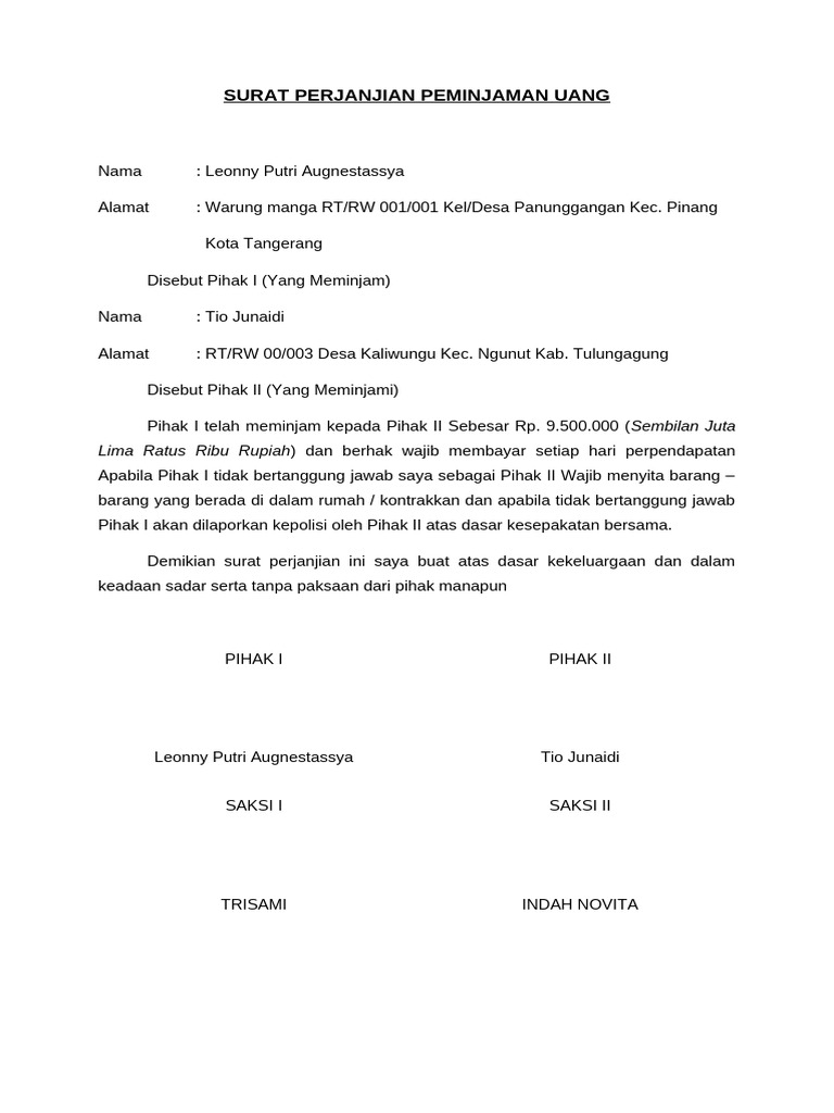 Surat Perjanjian Peminjaman Uang | PDF