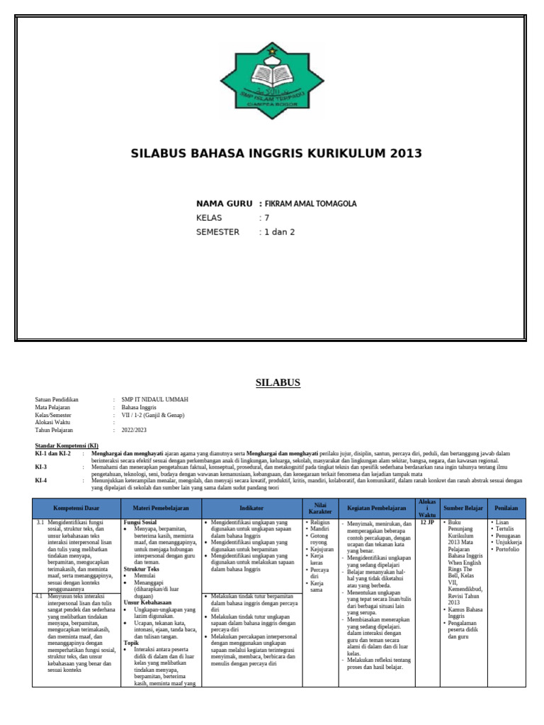 Silabus Bahasa Inggris Kelas 7 | PDF