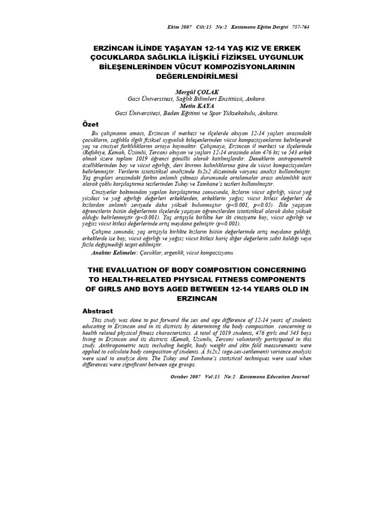 Erz Ncan l Nde Ya Ayan 12-14 Ya Kiz Ve Erkek Ocuklarda Sa Likla l k l f z Ksel Uygunluk b Le ...