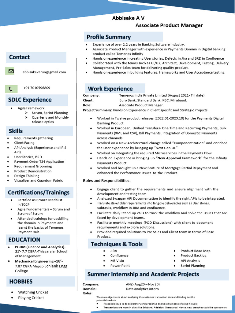 Abbisake A V APM Resume Sep | PDF | Scrum (Software Development ...