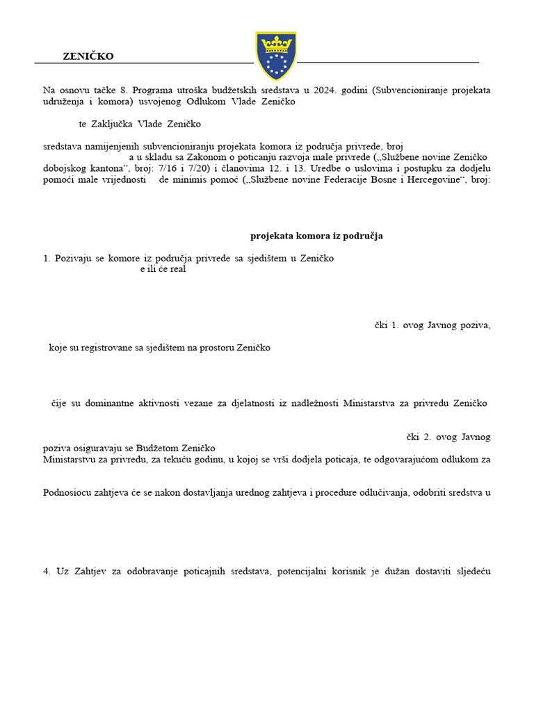 Javni Poziv Subvencije Projekti Komore Iz Podrucja Privrede 2024 | PDF