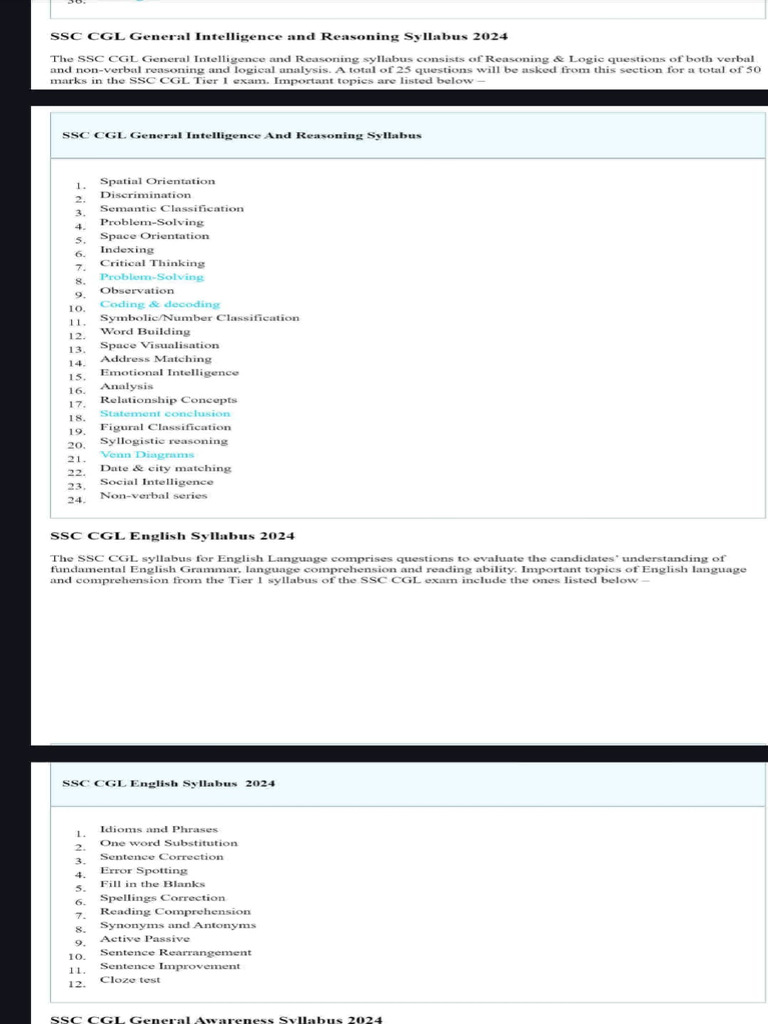 SSC CGL 2024 Reasoning Syllabus | PDF | Circle | Triangle