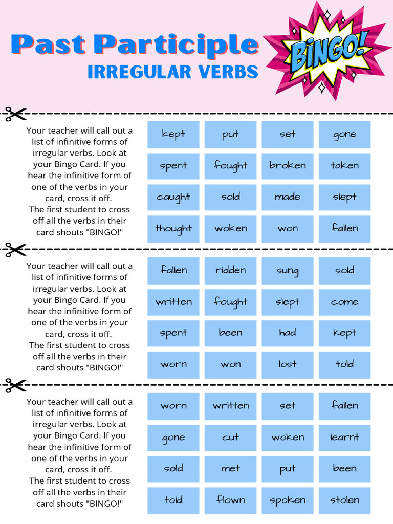 Irregular Past Participle Verbs Bingo Cards | PDF | Verb | Language ...