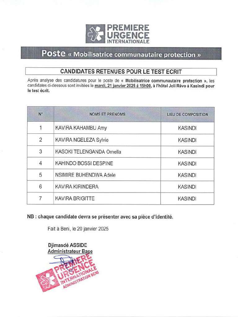 Convocation Test Ecrit Mob-Comm-protection 20012025 Beni | PDF