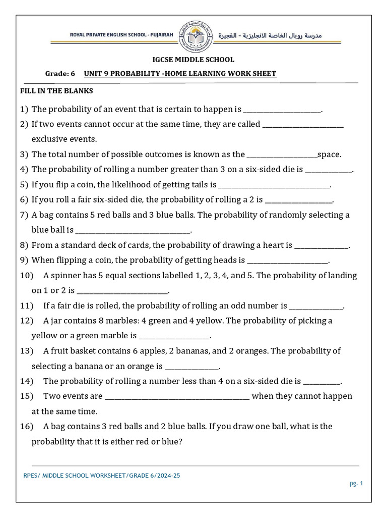 GR - 06 Probability Work Sheet | PDF | Probability | Probability Theory