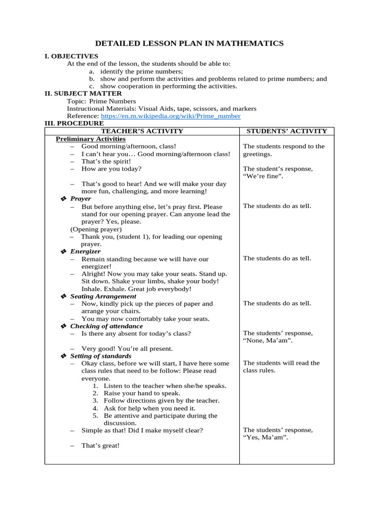 LESSON PLAN (Prime Numbers) | PDF | Prime Number | Numbers