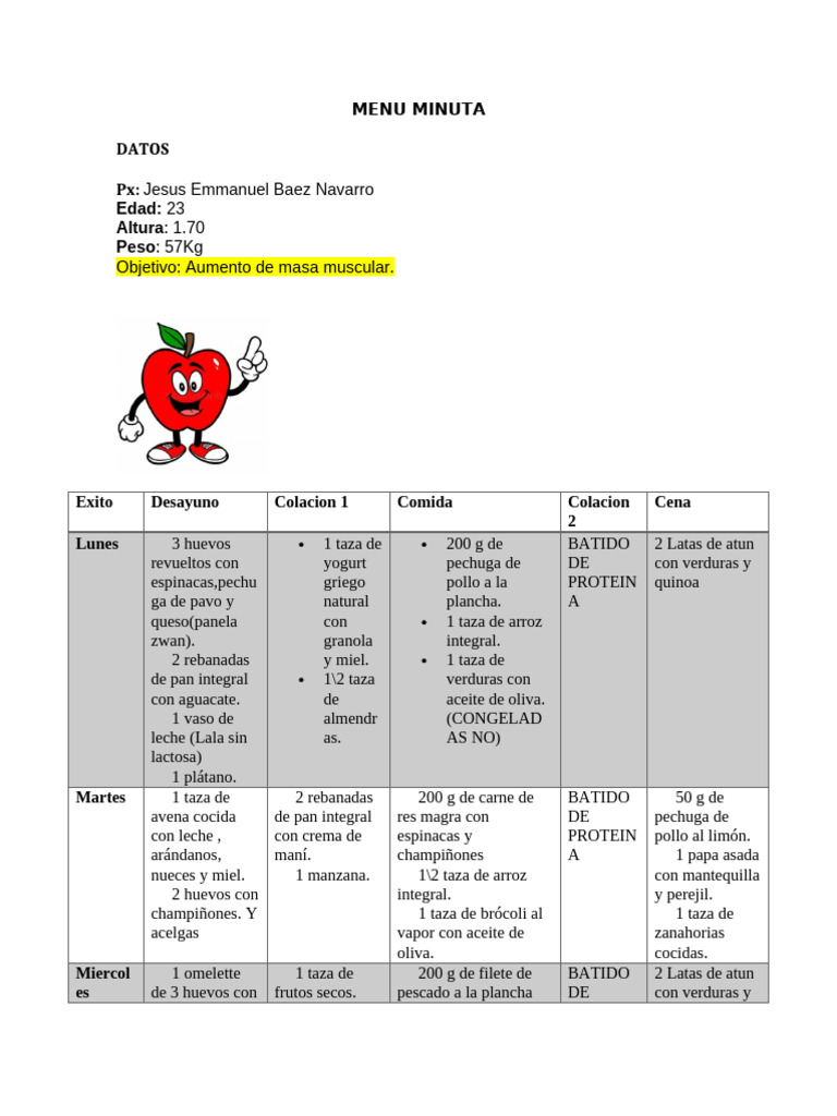 Menú Semanal para Aumento Muscular | PDF | Alimentos | Cocina
