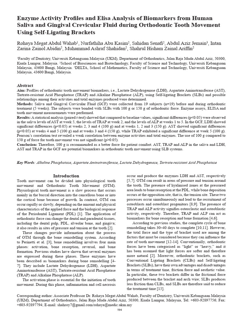 Enzyme Activity Profiles and Elisa Analysis of Biomarkers From Human ...