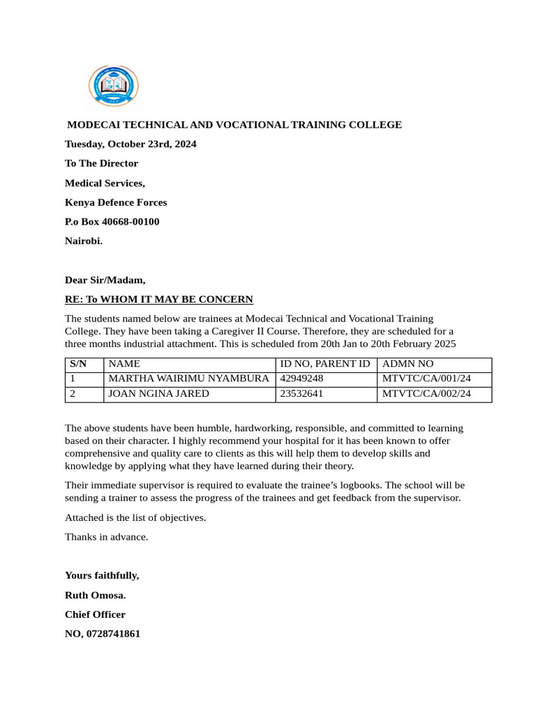 Caregiver II Course Industrial Attachment Notice | PDF