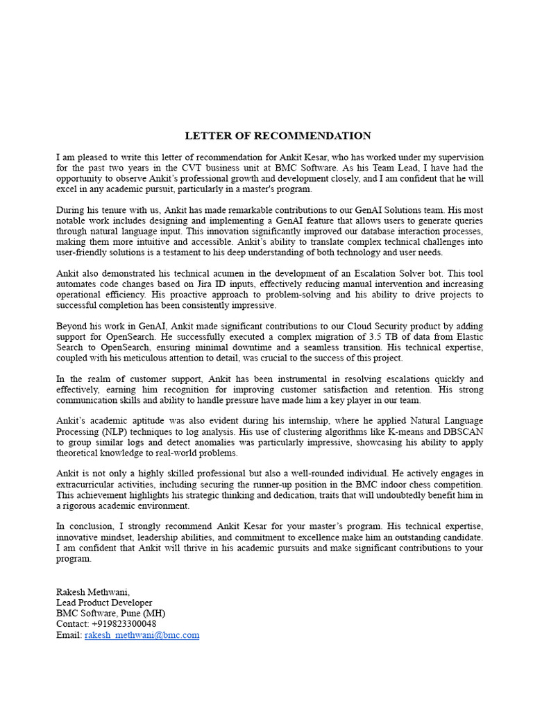 Letter of Recommendation For Ankit | PDF | Computing | Cognitive Science