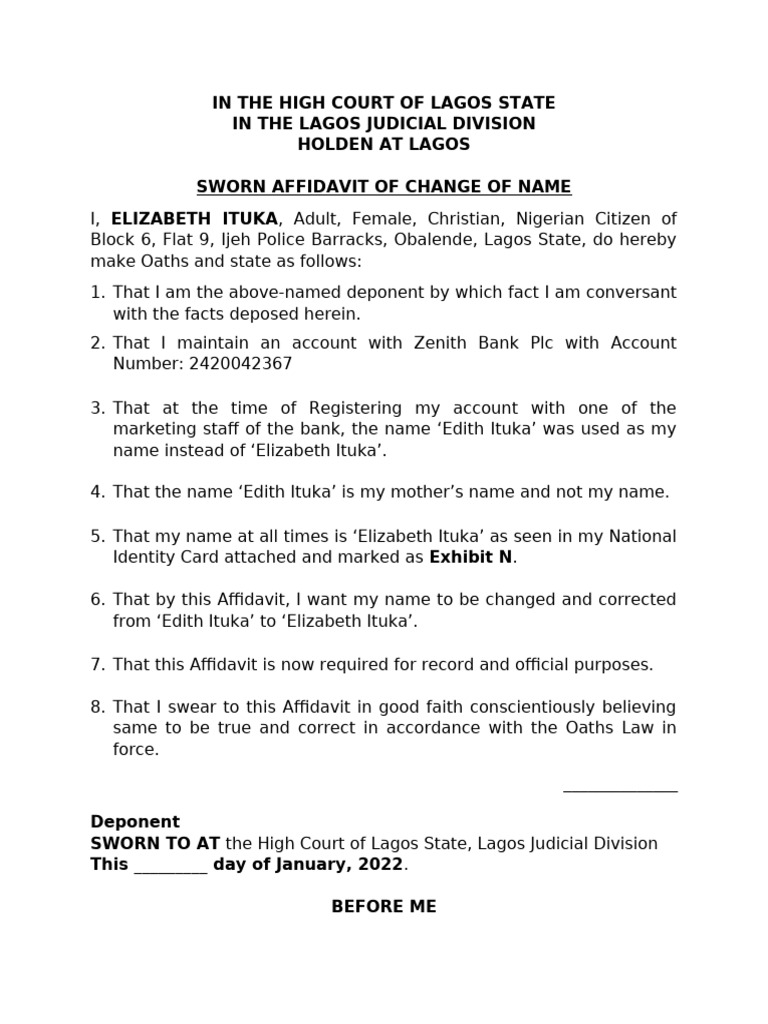 Sworn Affidavit of Change-Elizabeth | PDF