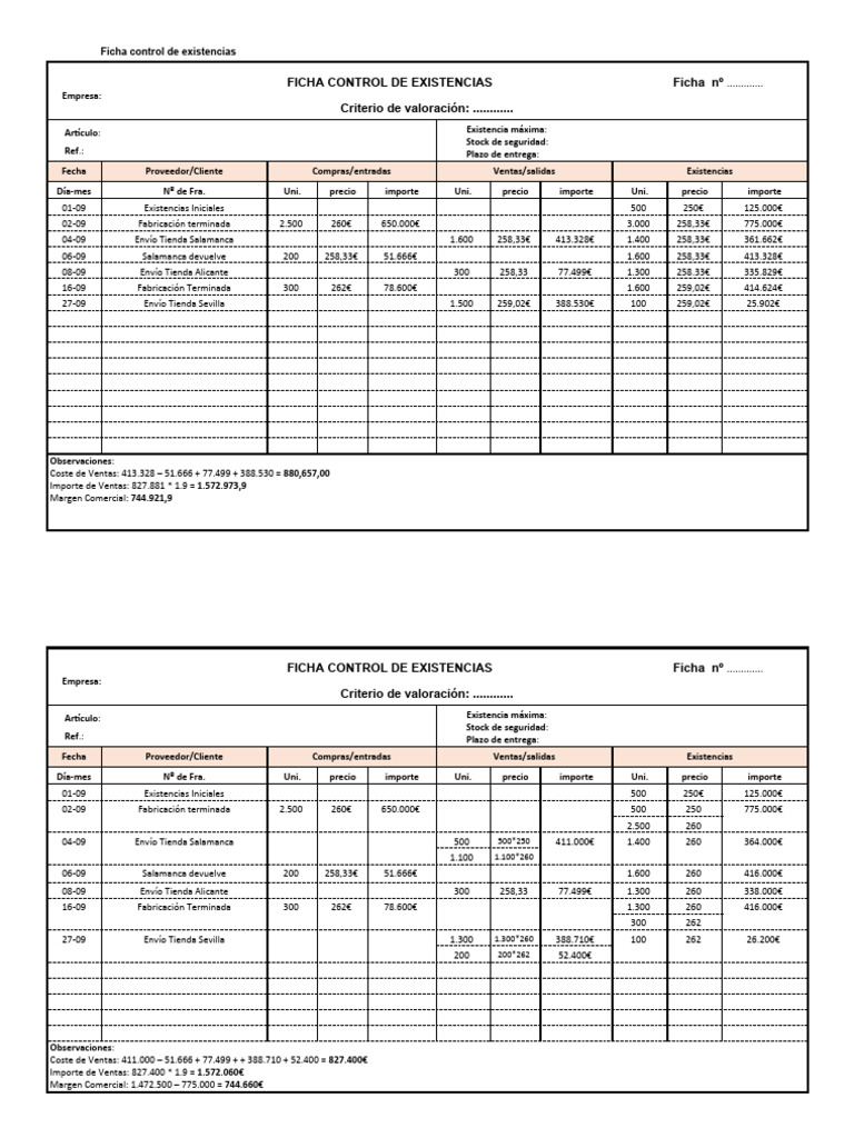 Ficha Control de Existencias | PDF