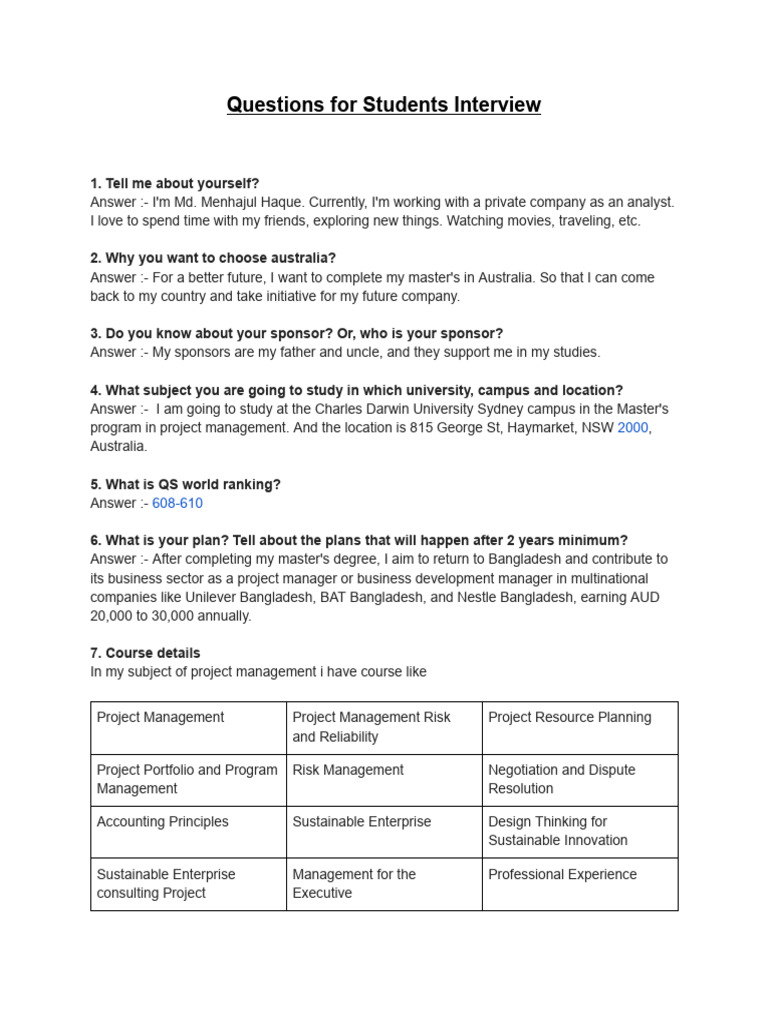 Questions For Students Interview | PDF | Project Management | Business