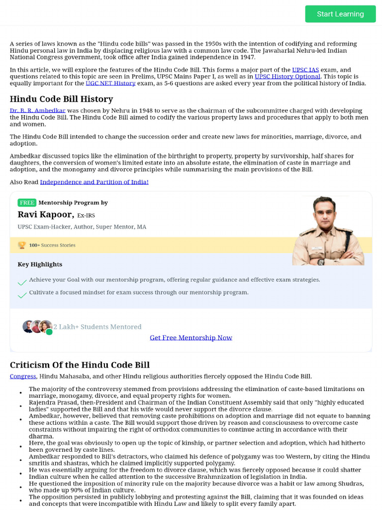 Hindu Code Bill - Role of Ambedkar and Other Important Notes! | PDF