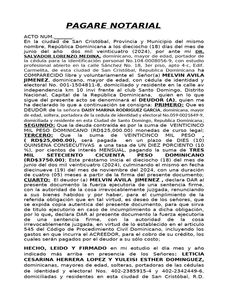 Modelo Pagare Notarial Modelo Liseeeeet Cuarto | PDF | República Dominicana