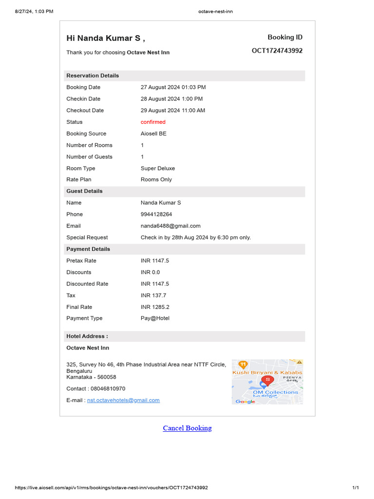 Octave Nest Inn Booking Confirmation | PDF