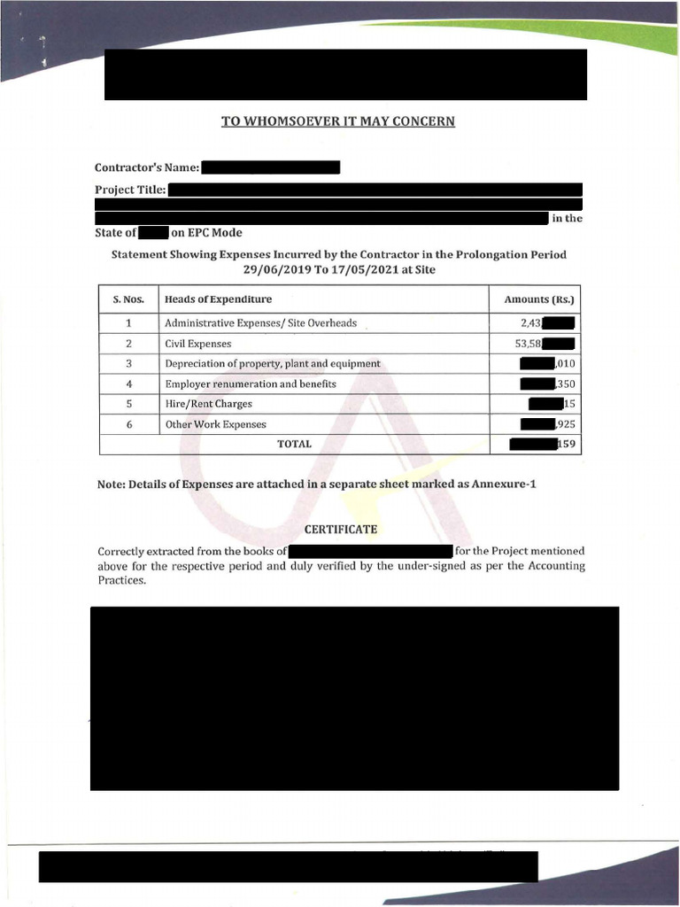 Sample CA Certificate For Site Expenses - 2 | PDF