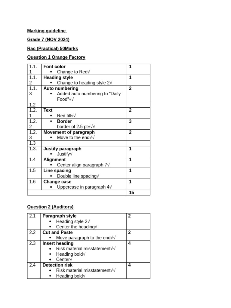 Marking Guideline Grade 7 | PDF | Spreadsheet | Text