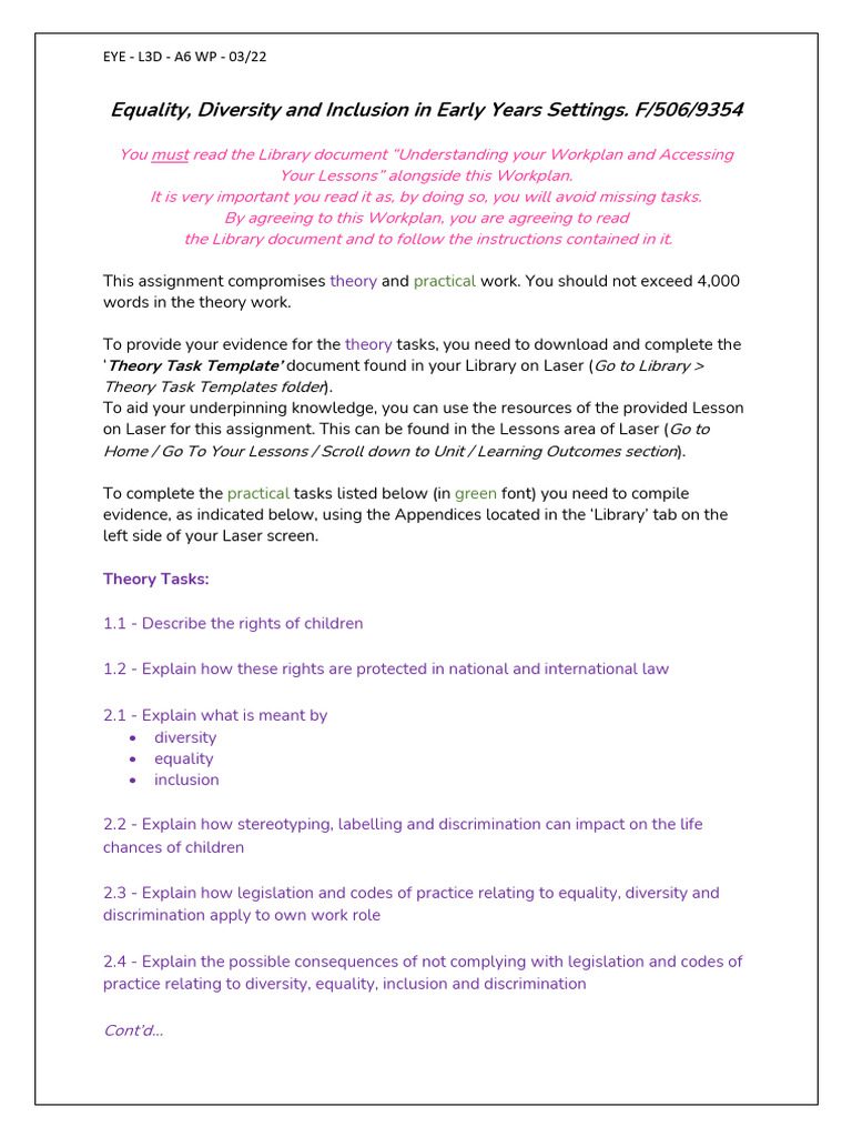 Assignment 6 Equality Diversity and Inclusion in Early Years Settings ...